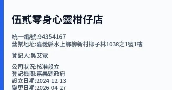 伍貳零身心靈柑仔店的照片-統編 94354167(嘉義縣) 公司登記資料與營業項目詳細圖表