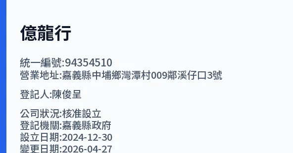 億龍行的照片-統編 94354510(嘉義縣) 公司登記資料與營業項目詳細圖表