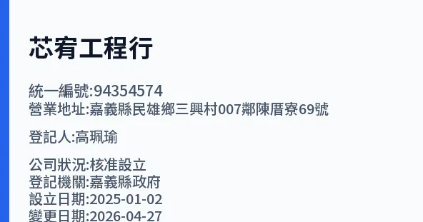 芯宥工程行的照片-統編 94354574(嘉義縣) 公司登記資料與營業項目詳細圖表