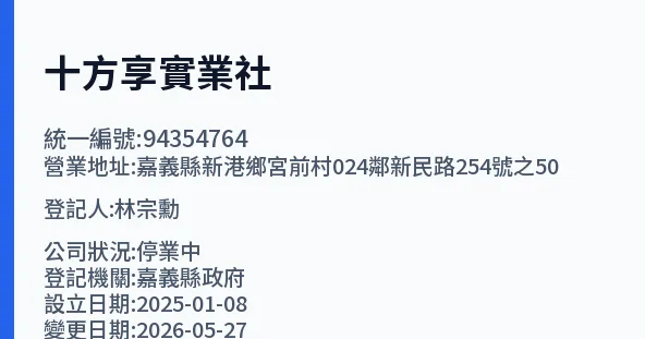 十方享實業社的照片-統編 94354764(嘉義縣) 公司登記資料與營業項目詳細圖表