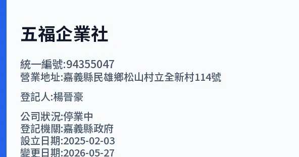 五福企業社的照片-統編 94355047(嘉義縣) 公司登記資料與營業項目詳細圖表