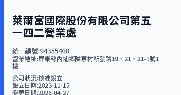萊爾富國際股份有限公司第五一四二營業處的照片-統編 94355460(屏東縣) 公司登記資料與營業項目詳細圖表