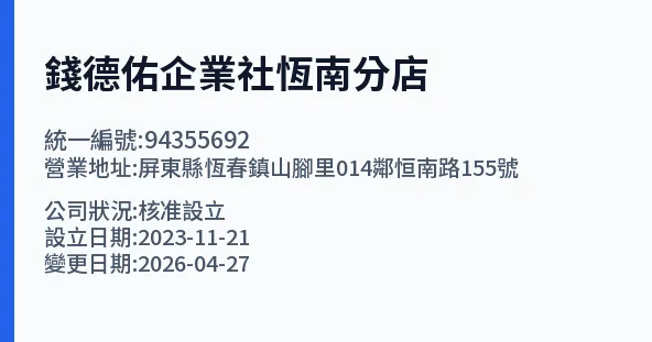錢德佑企業社恆南分店的照片-統編 94355692(屏東縣) 公司登記資料與營業項目詳細圖表