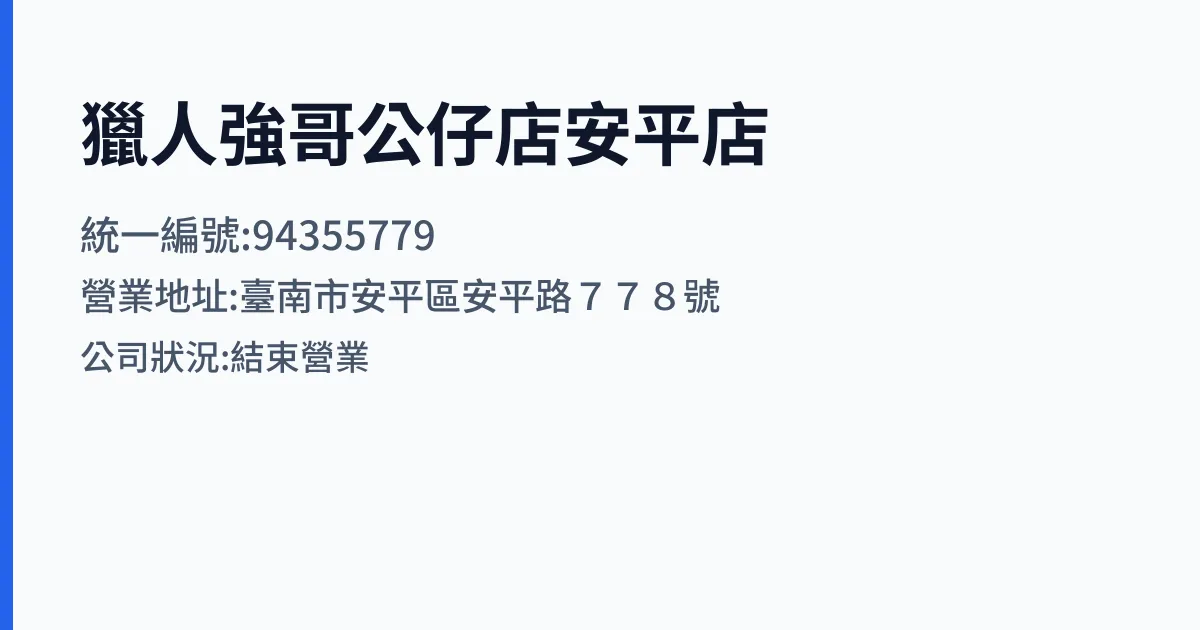 獵人強哥公仔店安平店 - 統編 94355779 (臺南市) 公司登記資料與營業項目詳細圖表