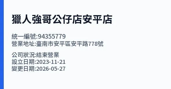 獵人強哥公仔店安平店的照片-統編 94355779(臺南市) 公司登記資料與營業項目詳細圖表