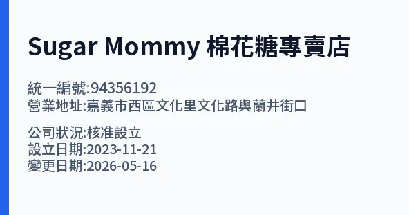 Sugar Mommy 棉花糖專賣店的照片-統編 94356192(嘉義市) 公司登記資料與營業項目詳細圖表