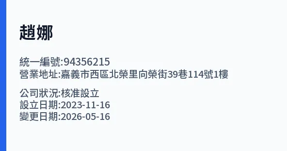 趙娜的照片-統編 94356215(嘉義市) 公司登記資料與營業項目詳細圖表