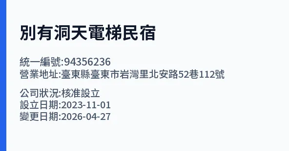 別有洞天電梯民宿的照片-統編 94356236(臺東縣) 公司登記資料與營業項目詳細圖表