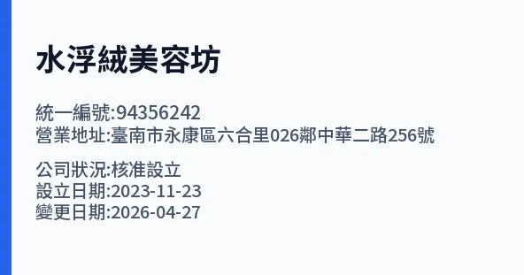 水浮絨美容坊的照片-統編 94356242(臺南市) 公司登記資料與營業項目詳細圖表