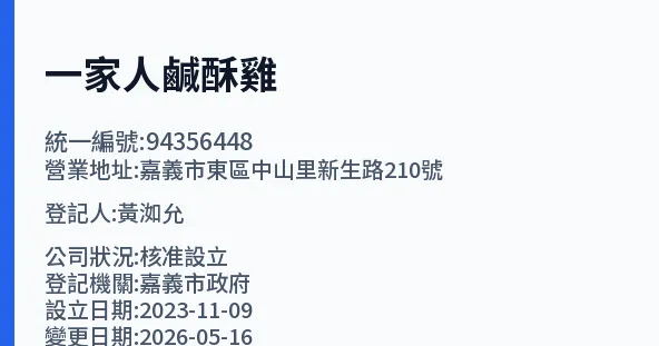 一家人鹹酥雞的照片-統編 94356448(嘉義市) 公司登記資料與營業項目詳細圖表