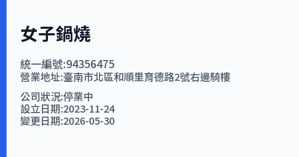 女子鍋燒的照片-統編 94356475(臺南市) 公司登記資料與營業項目詳細圖表