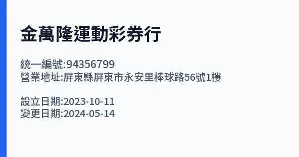 金萬隆運動彩券行的照片-統編 94356799(屏東縣) 公司登記資料與營業項目詳細圖表