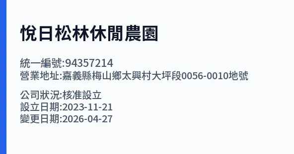 悅日松林休閒農園的照片-統編 94357214(嘉義縣) 公司登記資料與營業項目詳細圖表