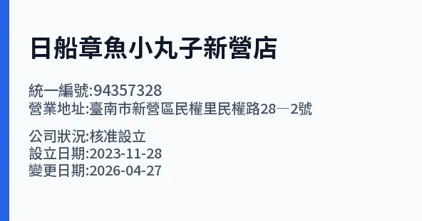 日船章魚小丸子新營店的照片-統編 94357328(臺南市) 公司登記資料與營業項目詳細圖表