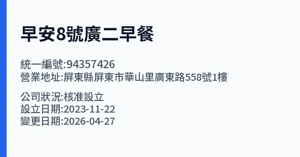 早安8號廣二早餐的照片-統編 94357426(屏東縣) 公司登記資料與營業項目詳細圖表