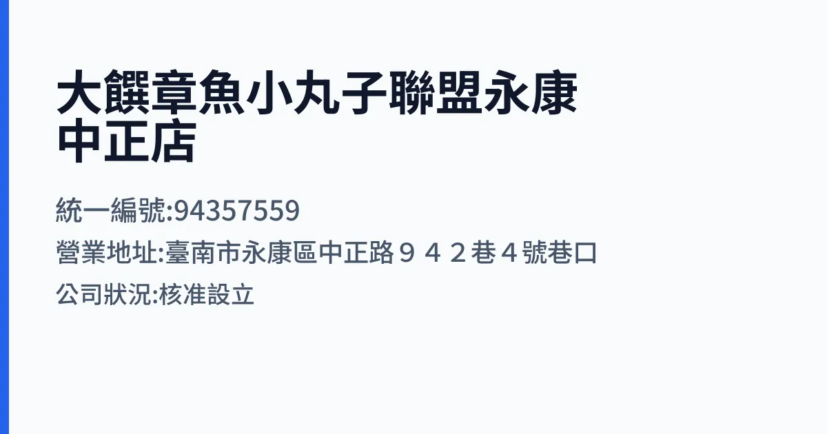 大饌章魚小丸子聯盟永康中正店 - 統編 94357559(臺南市) 公司登記資料與營業項目詳細圖表