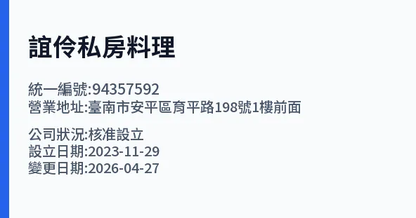 誼伶私房料理的照片-統編 94357592(臺南市) 公司登記資料與營業項目詳細圖表