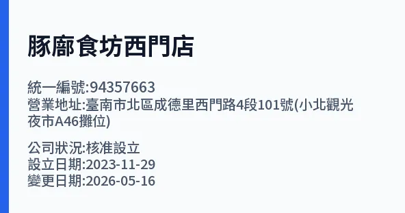 豚廍食坊西門店的照片-統編 94357663(臺南市) 公司登記資料與營業項目詳細圖表