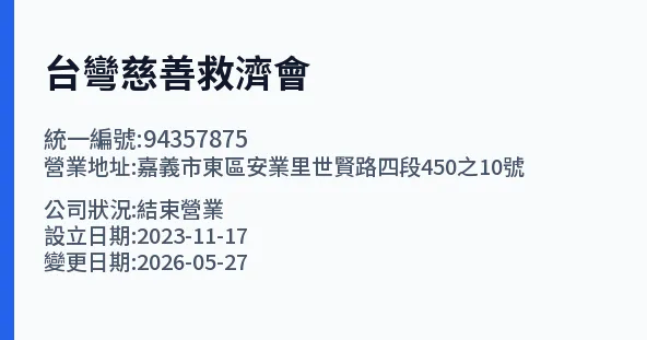 台彎慈善救濟會的照片-統編 94357875(嘉義市) 公司登記資料與營業項目詳細圖表