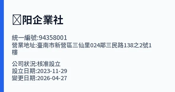 吀阳企業社的照片-統編 94358001(臺南市) 公司登記資料與營業項目詳細圖表