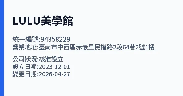 LULU美學館的照片-統編 94358229(臺南市) 公司登記資料與營業項目詳細圖表