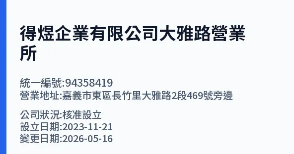 得煜企業有限公司大雅路營業所的照片-統編 94358419(嘉義市) 公司登記資料與營業項目詳細圖表