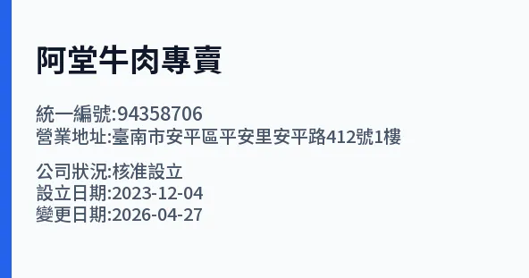阿堂牛肉專賣的照片-統編 94358706(臺南市) 公司登記資料與營業項目詳細圖表