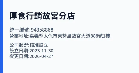 厚食行銷故宮分店的照片-統編 94358868(嘉義縣) 公司登記資料與營業項目詳細圖表