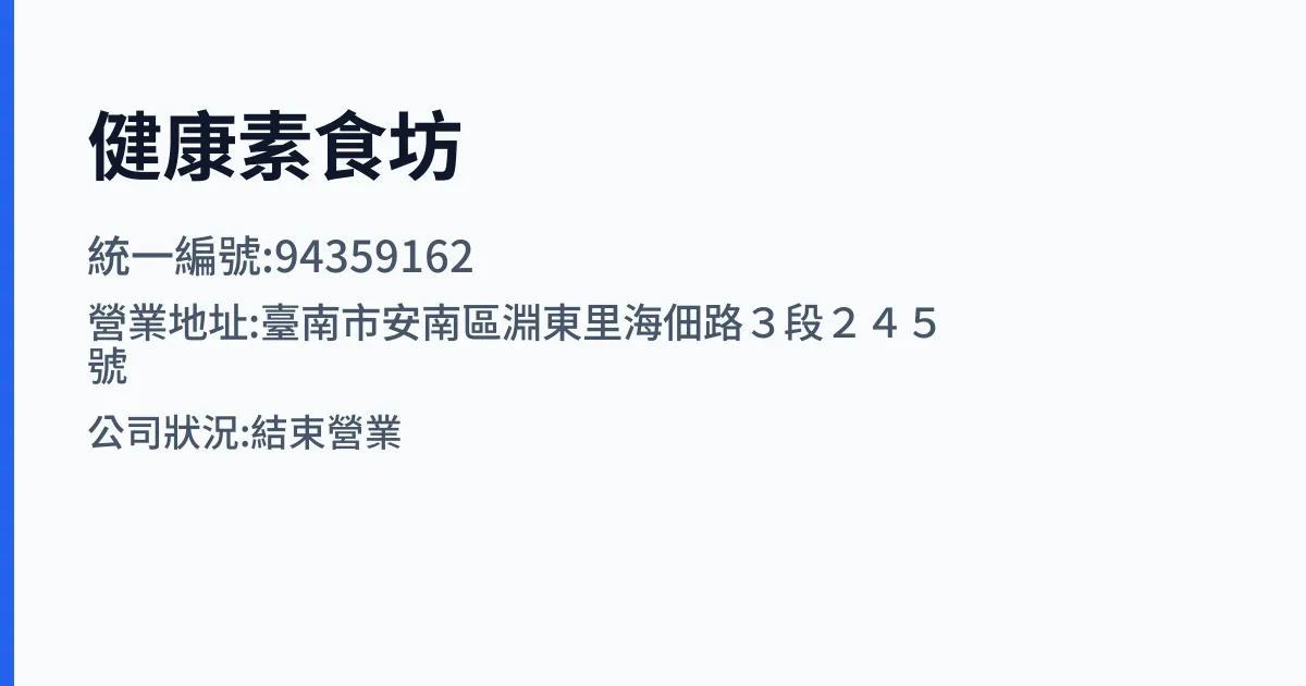健康素食坊 - 統編 94359162(臺南市) 公司登記資料與營業項目詳細圖表