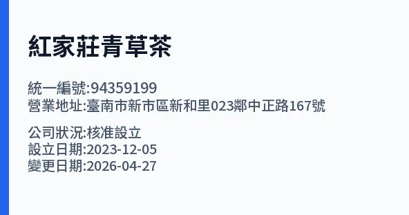 紅家莊青草茶的照片-統編 94359199(臺南市) 公司登記資料與營業項目詳細圖表