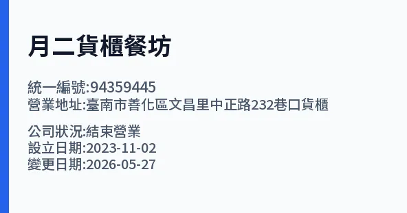 月二貨櫃餐坊的照片-統編 94359445(臺南市) 公司登記資料與營業項目詳細圖表