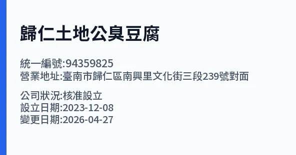 歸仁土地公臭豆腐的照片-統編 94359825(臺南市) 公司登記資料與營業項目詳細圖表