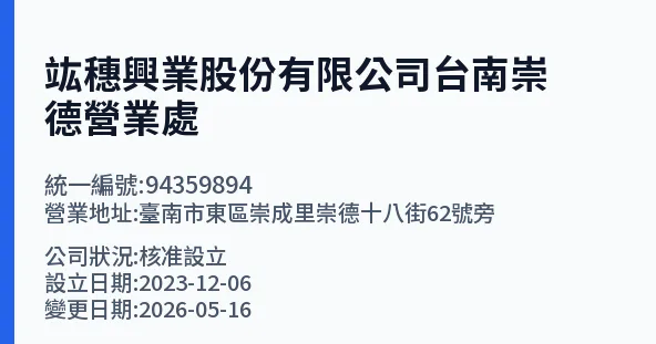 竑穗興業股份有限公司台南崇德營業處的照片-統編 94359894(臺南市) 公司登記資料與營業項目詳細圖表