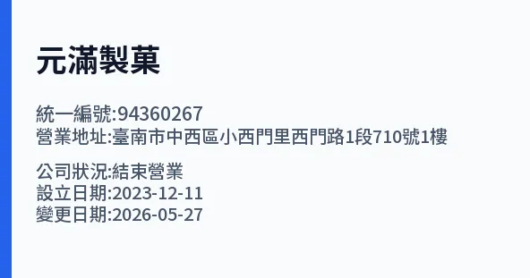 元滿製菓的照片-統編 94360267(臺南市) 公司登記資料與營業項目詳細圖表