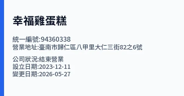 幸福雞蛋糕的照片-統編 94360338(臺南市) 公司登記資料與營業項目詳細圖表