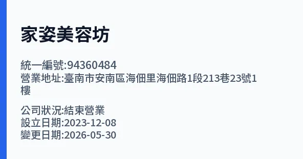 家姿美容坊的照片-統編 94360484(臺南市) 公司登記資料與營業項目詳細圖表