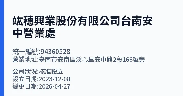 竑穗興業股份有限公司台南安中營業處的照片-統編 94360528(臺南市) 公司登記資料與營業項目詳細圖表