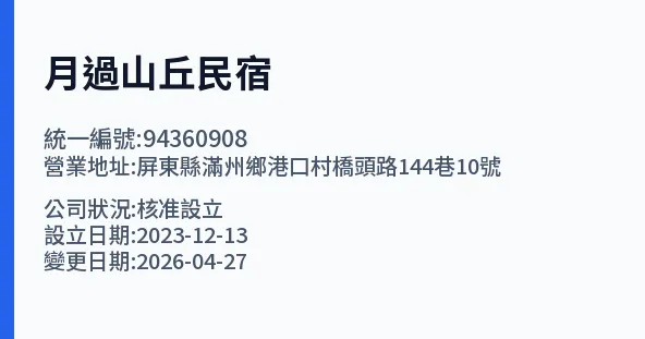 月過山丘民宿的照片-統編 94360908(屏東縣) 公司登記資料與營業項目詳細圖表