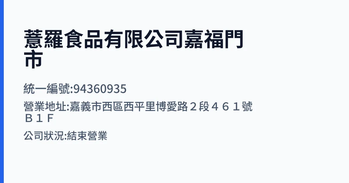 薏羅食品有限公司嘉福門市 - 統編 94360935(嘉義市) 公司登記資料與營業項目詳細圖表