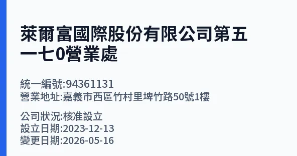 萊爾富國際股份有限公司第五一七0營業處的照片-統編 94361131(嘉義市) 公司登記資料與營業項目詳細圖表