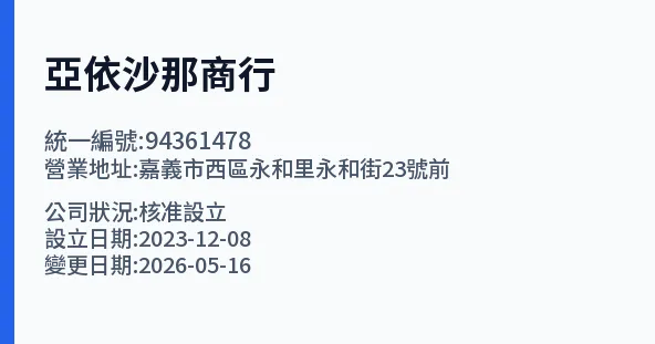 亞依沙那商行的照片-統編 94361478(嘉義市) 公司登記資料與營業項目詳細圖表