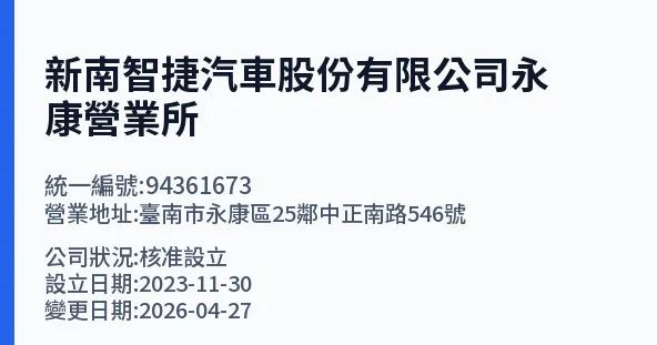 新南智捷汽車股份有限公司永康營業所的照片-統編 94361673(臺南市) 公司登記資料與營業項目詳細圖表