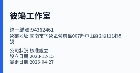 彼鴗工作室的照片-統編 94362461(臺南市) 公司登記資料與營業項目詳細圖表