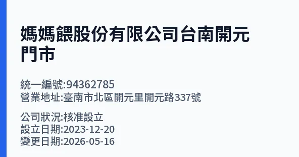 媽媽餵股份有限公司台南開元門市的照片-統編 94362785(臺南市) 公司登記資料與營業項目詳細圖表