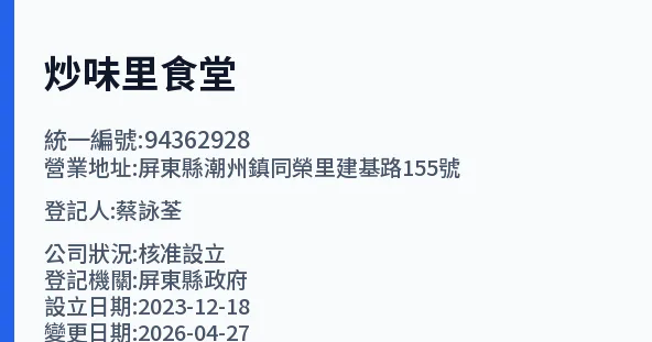 炒味里食堂的照片-統編 94362928(屏東縣) 公司登記資料與營業項目詳細圖表