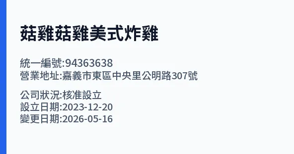 菇雞菇雞美式炸雞的照片-統編 94363638(嘉義市) 公司登記資料與營業項目詳細圖表