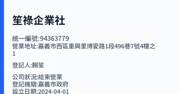 笙祿企業社的照片-統編 94363779(嘉義市) 公司登記資料與營業項目詳細圖表