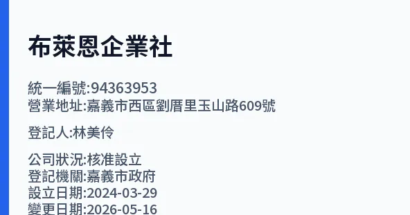 布萊恩企業社的照片-統編 94363953(嘉義市) 公司登記資料與營業項目詳細圖表