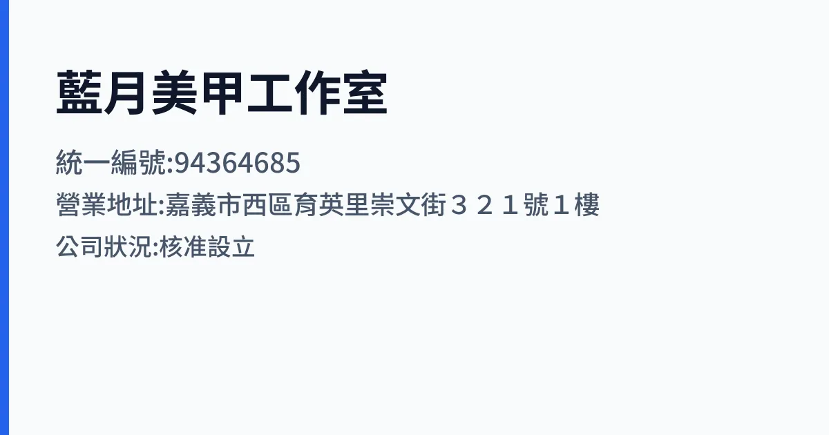 藍月美甲工作室 - 統編 94364685（嘉義市） 公司登記資料與營業項目詳細圖表