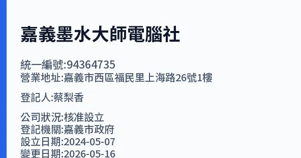 嘉義墨水大師電腦社的照片-統編 94364735(嘉義市) 公司登記資料與營業項目詳細圖表